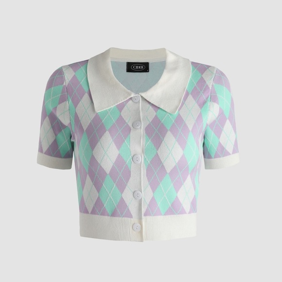 Cider | Sweaters | Cider Argyle Crop Lightweight Knit Cardigan Sweater ...